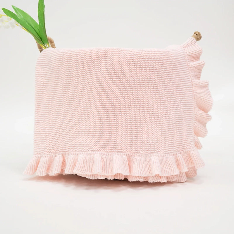 SwaddleAN Ruffled Edge Knit Baby Blanket in White